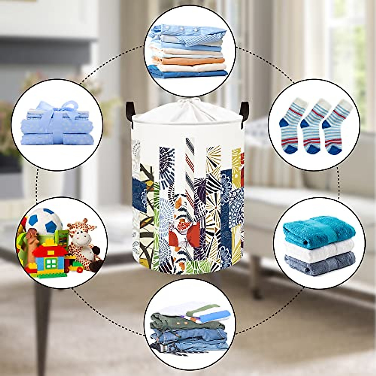 Clastyle 45L Geometric Abstract Art Laundry Baskets with Drawstring Blue Collapsible Laundry Hamper for Clothes Bedroom, 14.2x17.7 in