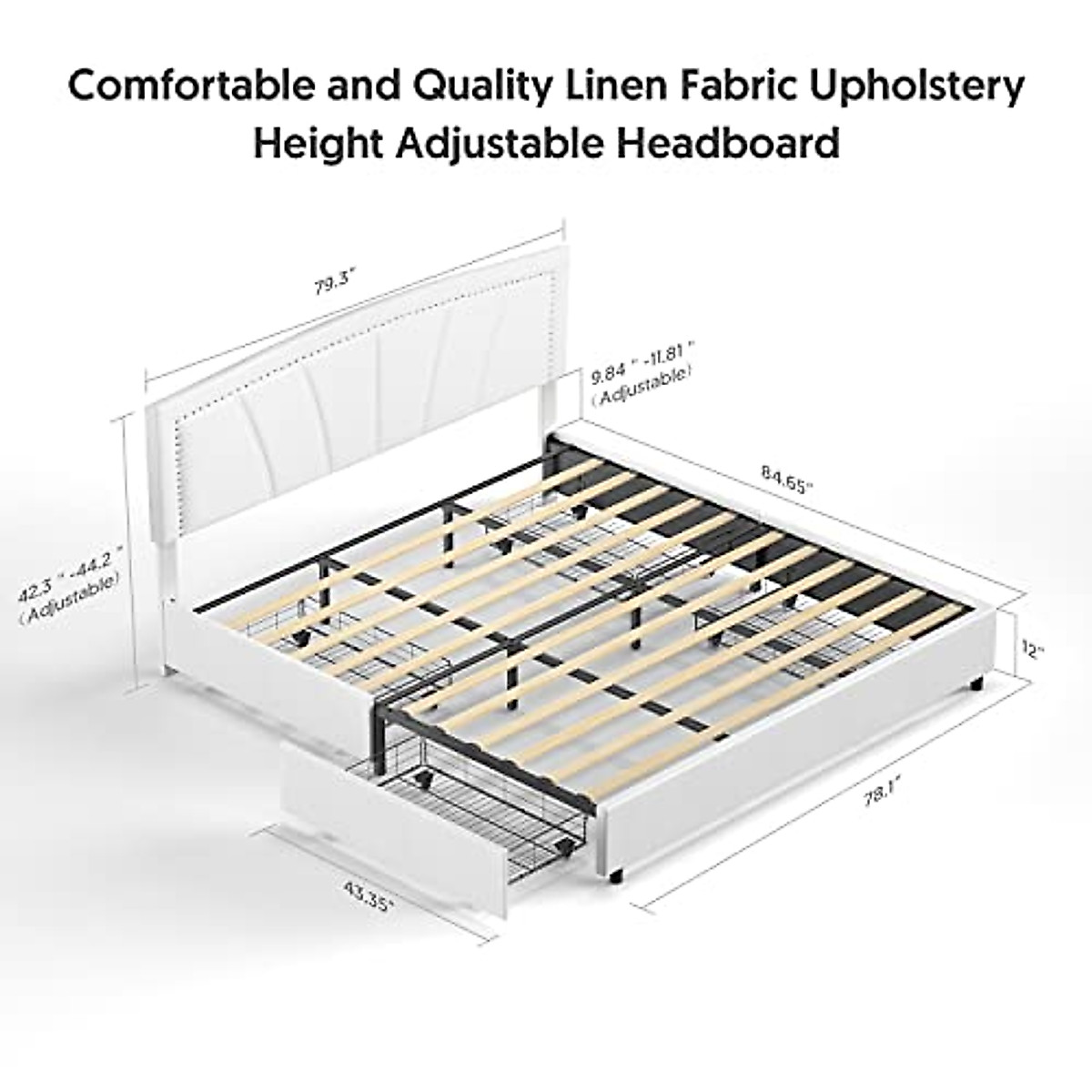 BONSOIR King Size Storage Bed Frame Upholstered Low Profile Traditional Platform with Tufted and Nail Headboard/No Box Spring Needed/4 Pull Out Drawers/Light Grey Linen Fabric (King Size)