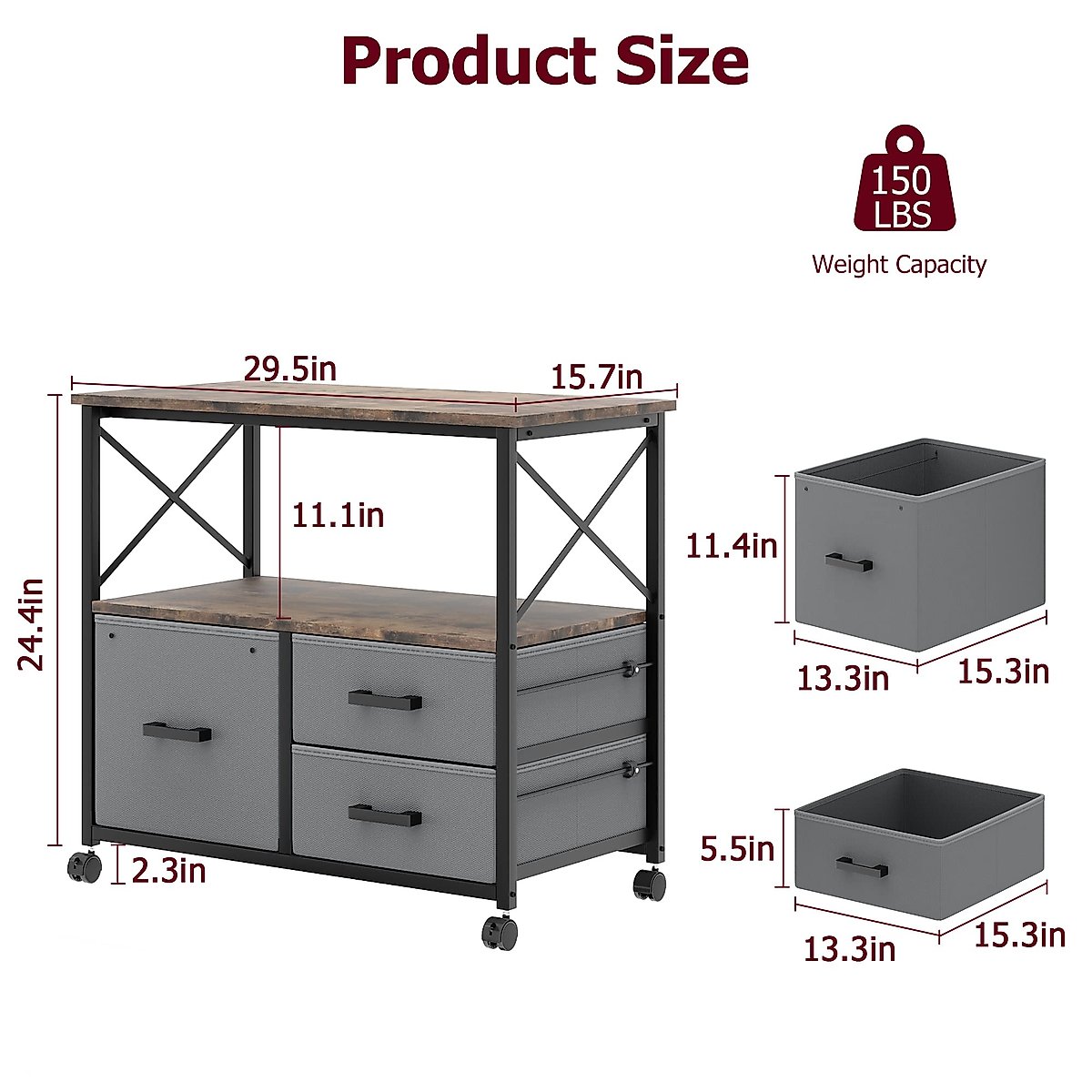 Alkmaar Filing Cabinet with 3 Drawer 3 Drawer, 3 Drawer-2, Rustic Grey