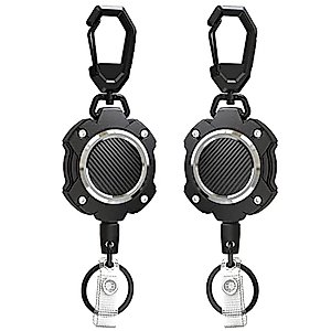 LIUGX 2 Pack Retractable Keychain, Heavy Duty Carabiner Key Chains, 10,000+ Rebound, Impact Resistance ID Badge Reels with 31.5” Wire Rope and Key Ring, Up to 8oz, Aluminum Ring, Carbon Fiber-Texture