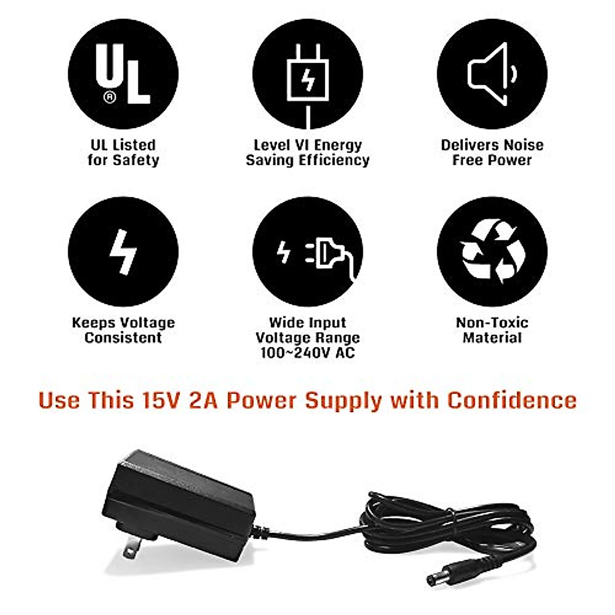 UL Listed 15V 2A Power Supply, 100-240V AC to 15VDC 2000mA Wall Charger Replacement Adapter with 5.5mm x 2.1mm /2.5mm, 3.5 x 1.35mm, 4.8mm x 1.7mm Output Jack for AIMTOM SPS-155 and Small Electronics