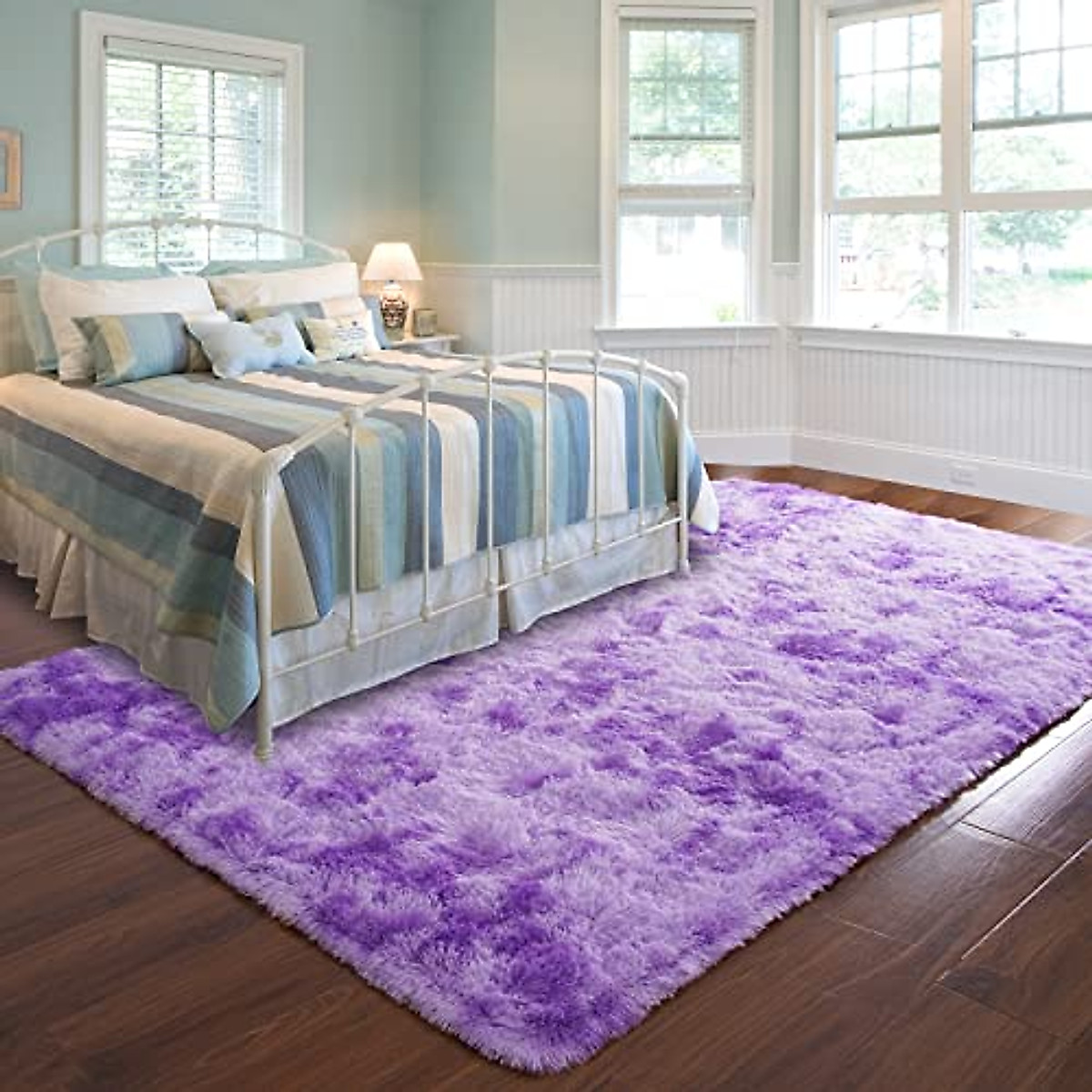 RUGICI Luxury Shag Area Rug, 5x8 Feet, Tie Dyed Purple Plush Fuzzy Rugs for Living Room Bedroom Kids Room Decor, Non-Slip Shaggy Furry Carpets