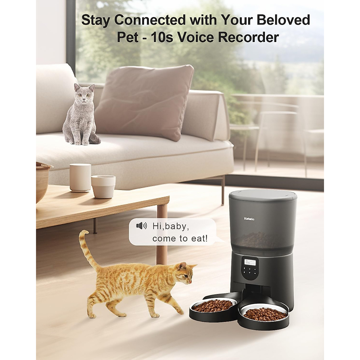 Automatic Cat Feeders for Two Cats, Katalic 6L/25.4cup Double Automatic Cat Food Dispenser with 2 Stainless Bowls,10s Meal Call and Timer Setting 20 Portions 4 Meals Per Day,Pet Feeder for Cat and Dog