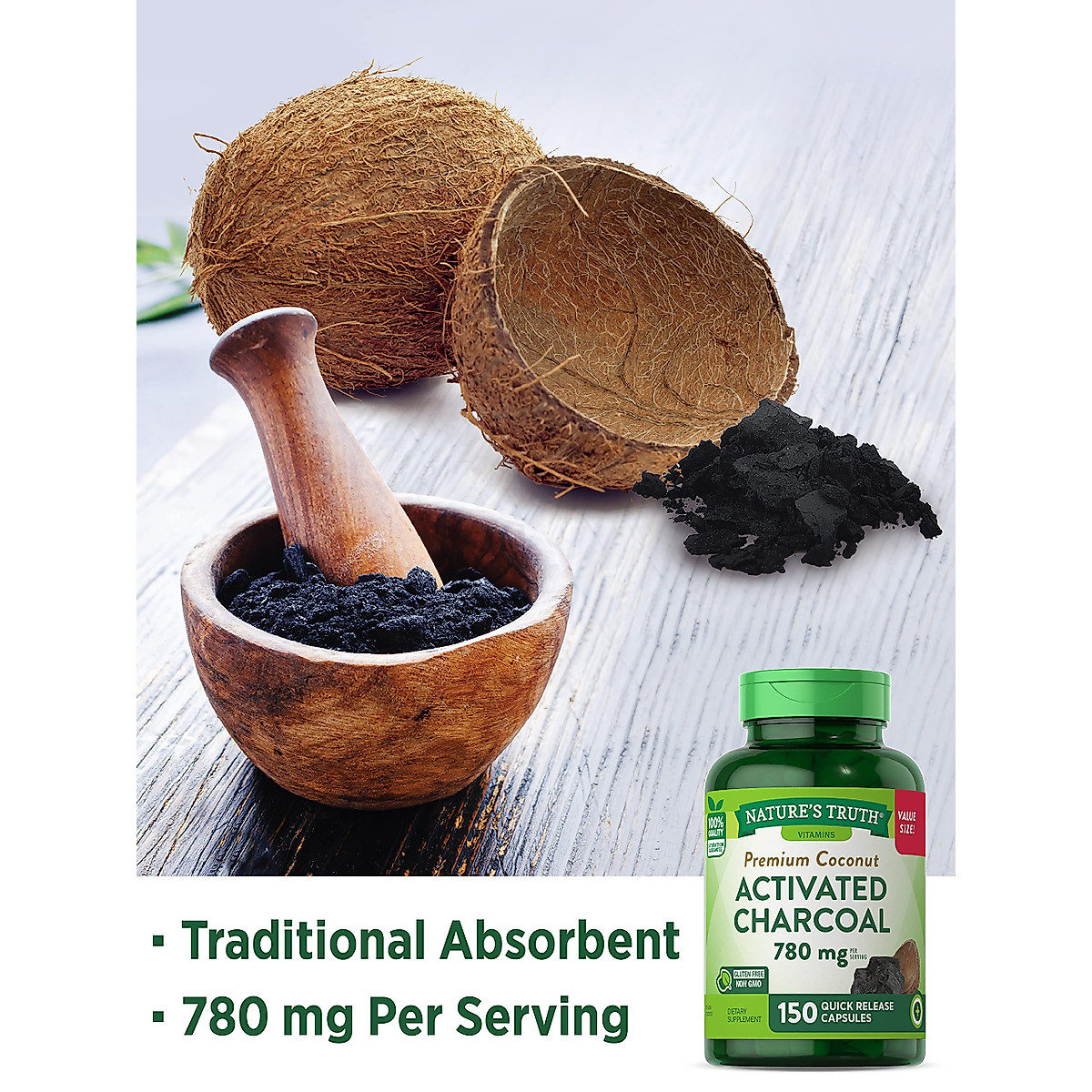 Nature's Truth Activated Charcoal Capsules 780mg | 150 Pills | Value Size | Non-GMO, Gluten Free Pills