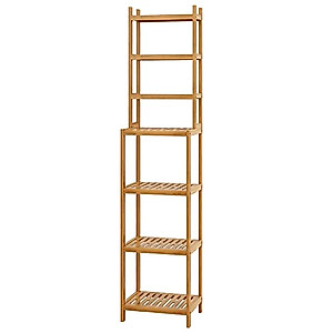 SOMY 7-Tier Bamboo Bathroom Shelf, Free Standing Storage Organizer Rack, Multifunctional Wood Corner Shelf Standing Rack Units for Living Room, Bathroom, Kitchen, Natural, 14L*11W*63H in