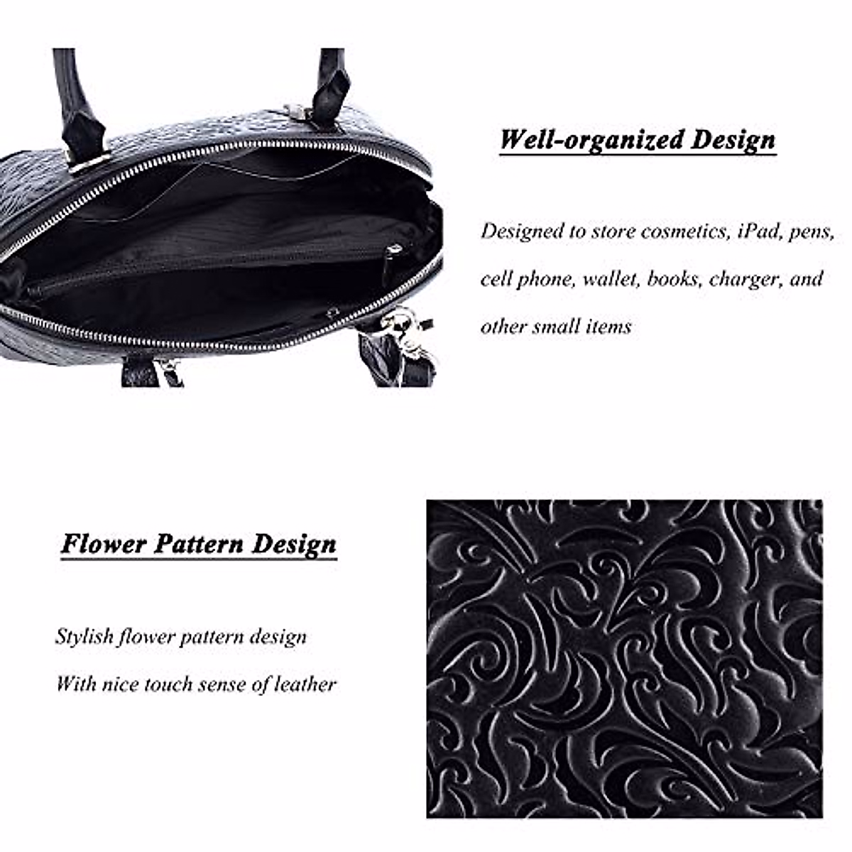 Banuce Black Embossed Pattern Leather Handbags for Women Purse Shoulder Tote Bag