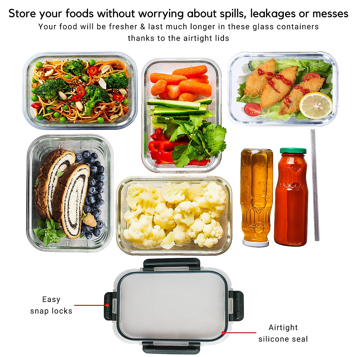 Brieftons Glass Meal Prep Containers: 5 Pack, 30 Oz with Airtight, Leakproof Snap Locking Lids, Perfect for Food Storage, Lunch & Portion Control, BPA-Free, Microwave, Oven, Freezer & Dishwasher Safe