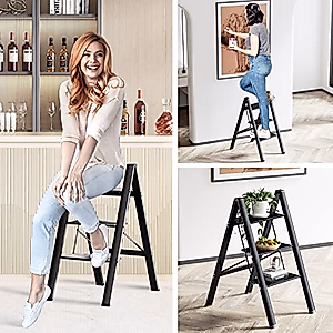 3 Step Ladder Folding Ladder Stool Portable Step Ladder Lightweight Aluminum Wide Anti Slip Pedal Multifunctional Household Adults Stepladder Black 330lb