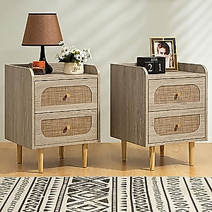 Rattan Nightstand Set of 2 with Drawers - Boho Bedside Table with Storage - Night Stand with Solid Wood Feet - Small Side Table End Table for Bedroom