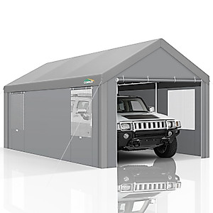 COBIZI Carports 10x20 Heavy Duty Car Canopy Garage with Roll-Up Ventilation Windows & Doors, Removable Sidewalls Portable Carport Canopy Waterproof with Built-in Sandbags for Cars, Boats, Trucks, Gray