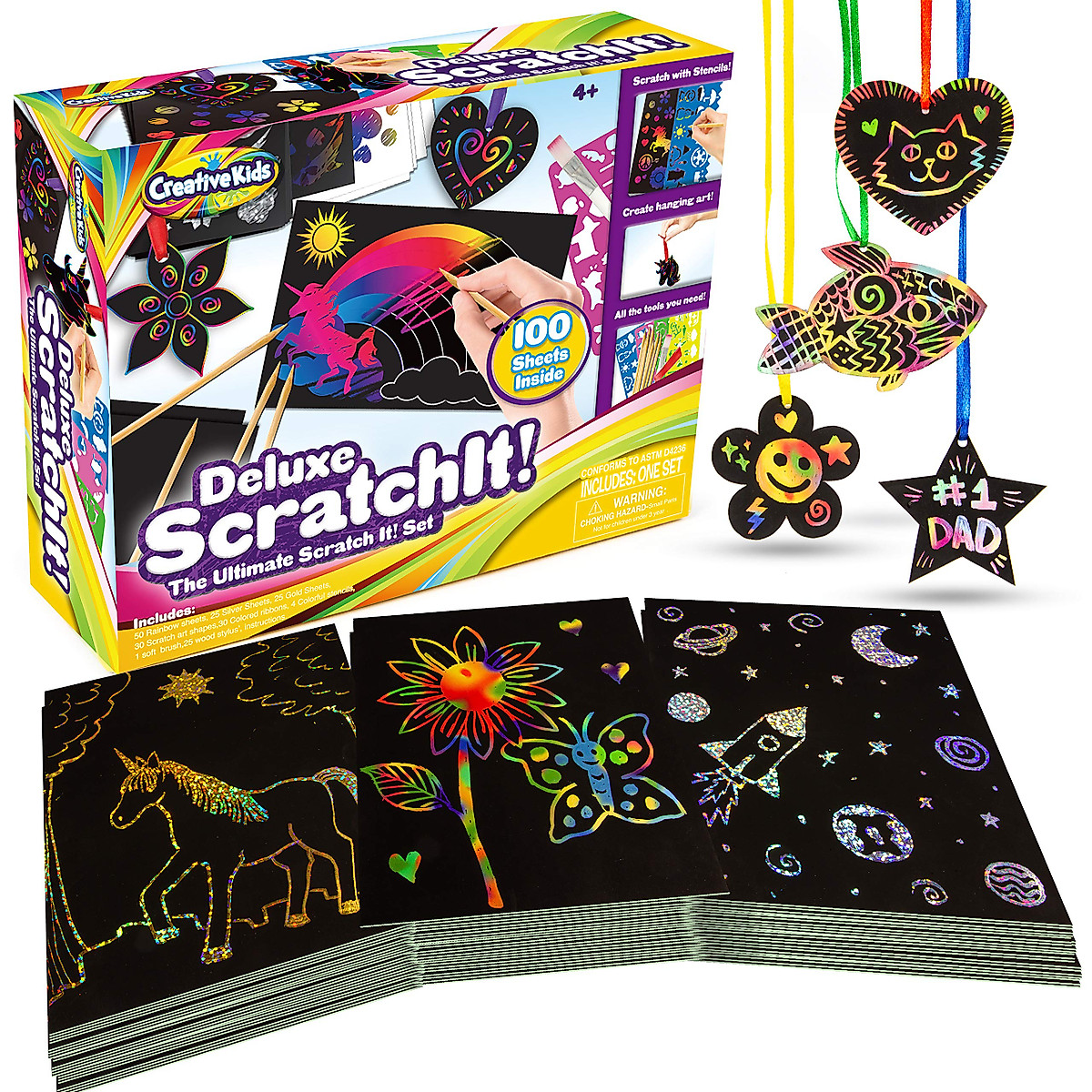 Creative Kids Rainbow Scratch Paper Craft Set - 185 Pieces Scratch Paper Art Kit - Black Scratch Off Pad - Magic Scratchboard Sheets, Stencils - Great Family Activity - Gift for Girls and Boys 4+