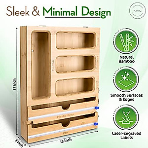 Furnity 6 in 1 Bamboo Ziplock Bag Organizer with Wrap Dispenser and Foil Dispenser, Baggie Organizer, 3 Layer Bamboo Plastic Bag Organizer, Fits Quart, Gallon, Snack, Sandwich Bags