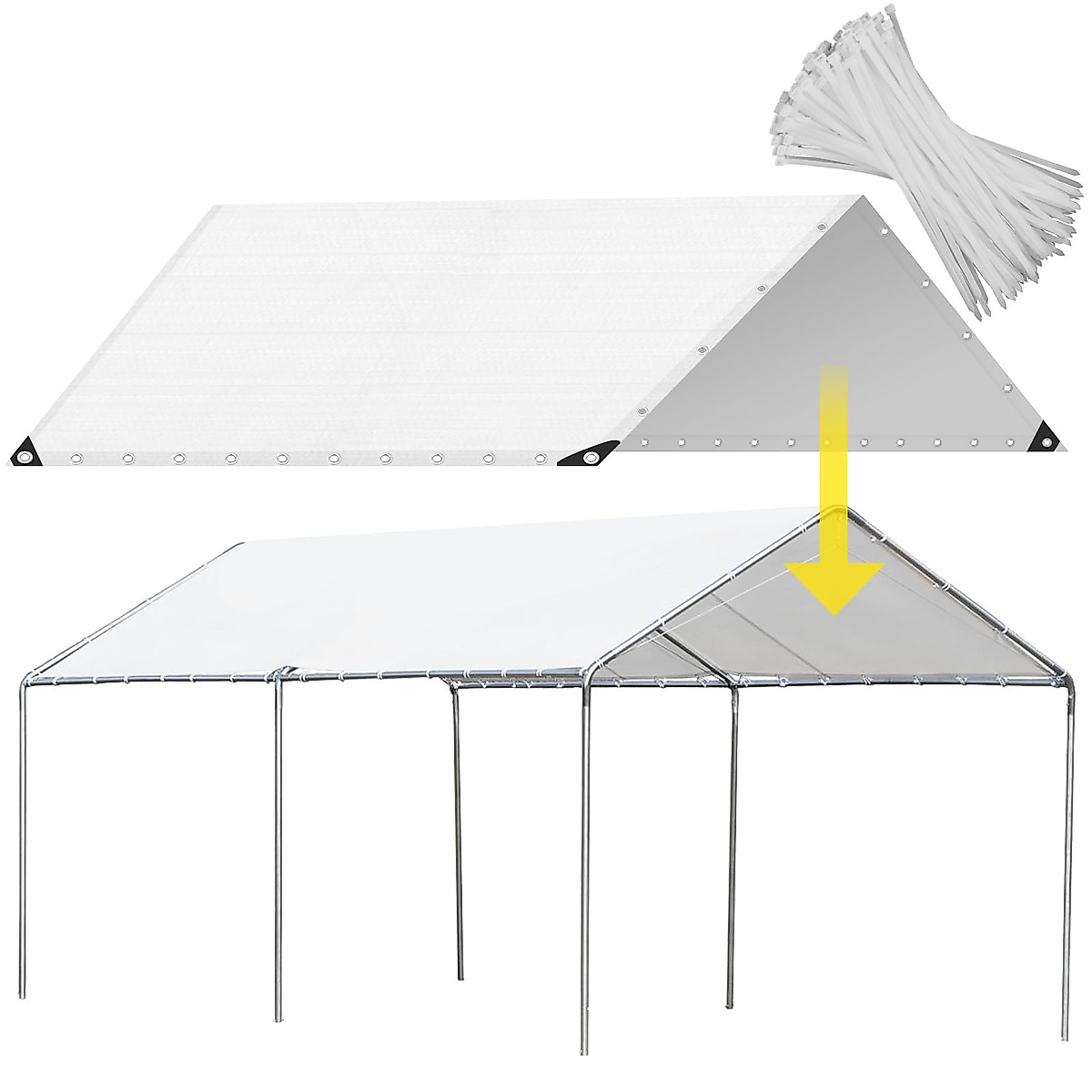 12x20 Ft Carport Canopy Replacement Cover for Canopy Tent Car Tent Garage Shelter Top Tarp White Portable Carport with 120lbs Tensile Strength Ties (Only Top Cover, Frame is not Included)
