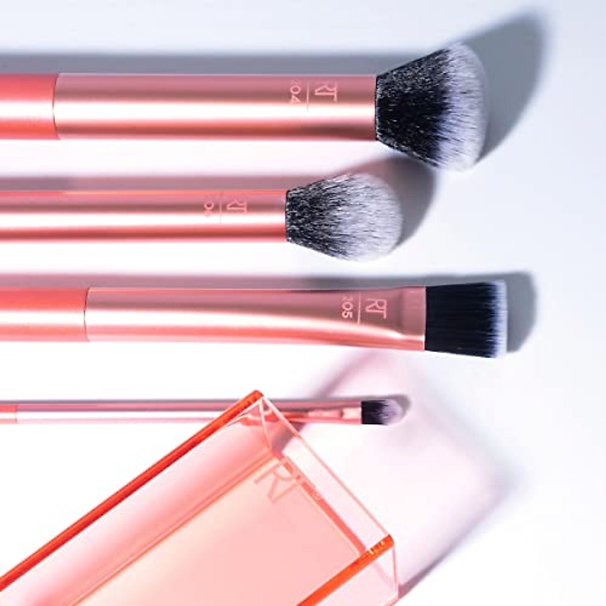 Real Techniques Flawless Base Brush Set With Ultra Plush Custom Cut Synthetic Bristles and Extended Aluminum Ferrules to Build Coverage for Every Makeup Application Need, Orange, 5 Piece