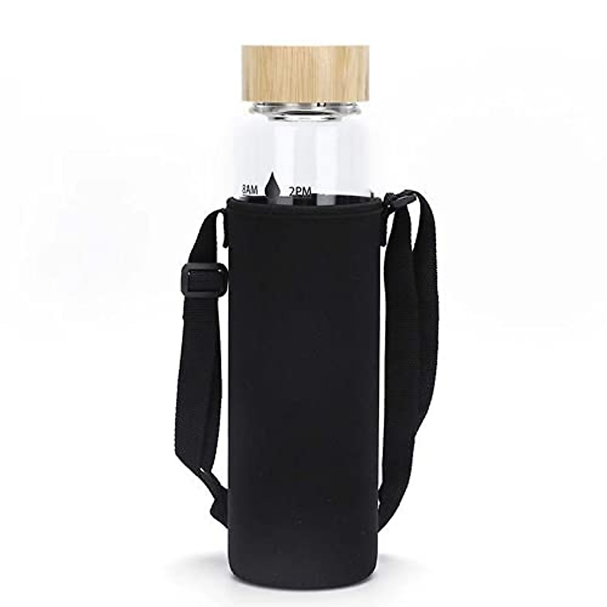 HOLABEAR 32oz Glass Motivational Daily Water Intake Bottle with Time Marker, Leakproof Bamboo Lid and Holder Sleeves, for Hot and Cold Drinks, Clear Reusable BPA Free