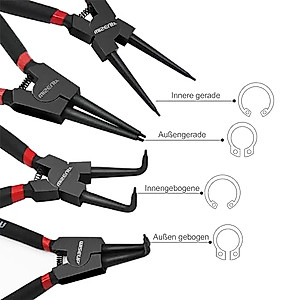 WISEUP Snap Ring Pliers Set Heavy Duty,4PCS-7 inch (Tip Diameter 1/20'') Internal/External Circlip Pliers Kit,Straight/Bent Jaw Pliers Tips C-Clip Pliers for Ring Remover Retaining