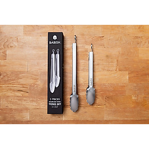 Babish German High-Carbon 1.4116 Steel Cutlery, 3-Piece w/Knife Roll & 12” & 9” Locking Kitchen Tong Set, Stainless Steel