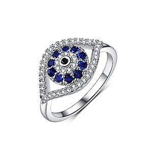 Blue Turkish Evil Eye Cubic Zirconia Rings for Women Statement Band Stacking Finger Middle Tail Elegant Sparkly Dainty Fashion Protection Jewelry Mother Daughter Friendship Birthday Size 5 (10)