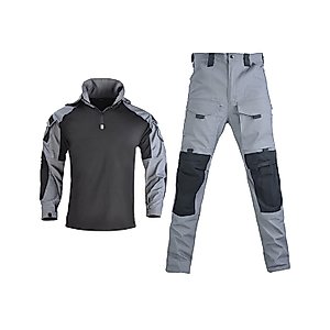 HAN·WILD Men's Tactical Suit Combat Pants and Shirts with Hood Military Uniform Airsoft Clothing with Knee Pads（GRAY）