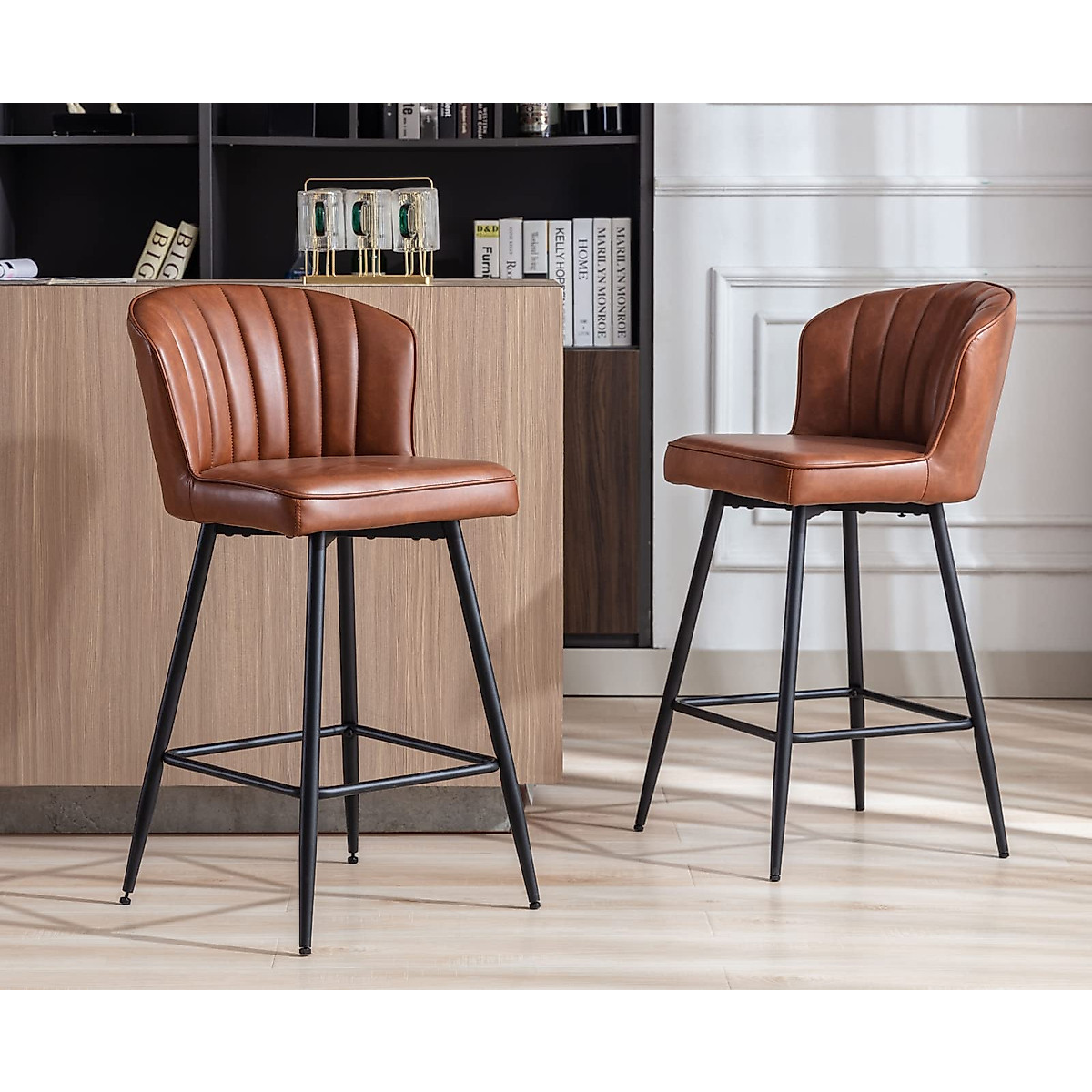 EALSON 26 Inch Counter Height Bar Stools Set of 4 Leather Counter Stools with Back Modern Comfortable Bar Chairs with Metal Footrest Upholstered Kitchen Island Stools for Home Bar Dining Room, Brown