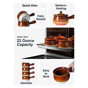 LE TAUCI French Onion Soup Bowls, 22 Ounces Soup Bowls with Handles, Soup Bowls with Lids for Soup, Cereal, Chilli, Beef Stew, French Onion Soup Crocks Oven Safe, Stackable Serving Bowls Set, Set of 4