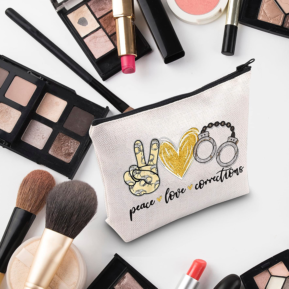 G2TUP Police Officer Gift Peace Love Corrections Makeup Bag Correctional Officer Cosmetic Bag New Police Officer Graduation Gift Zipper Travel Bag (Peace Love Corrections White Bag)