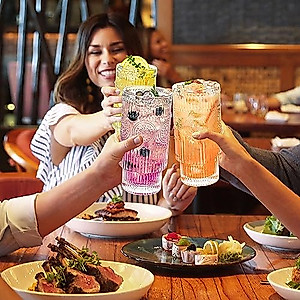 SoulTimes 4 Pack Large 16oz Ribbed Glassware Set, Flower Design Stackable Glass Cups, Vintage Textured Clear Striped Drinking Glasses Set, for Bar Beverages,Juice,Water,Cocktail,Iced Coffee