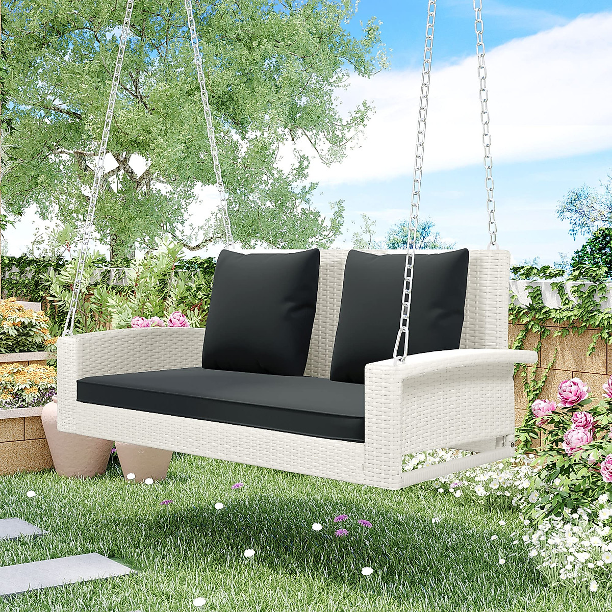 Melpomene 2-Person Wicker Hanging Porch Swing with Chains, Cushion, Pillow, Rattan Swing Bench for Garden, Backyard, Pond. (White+Wicker)