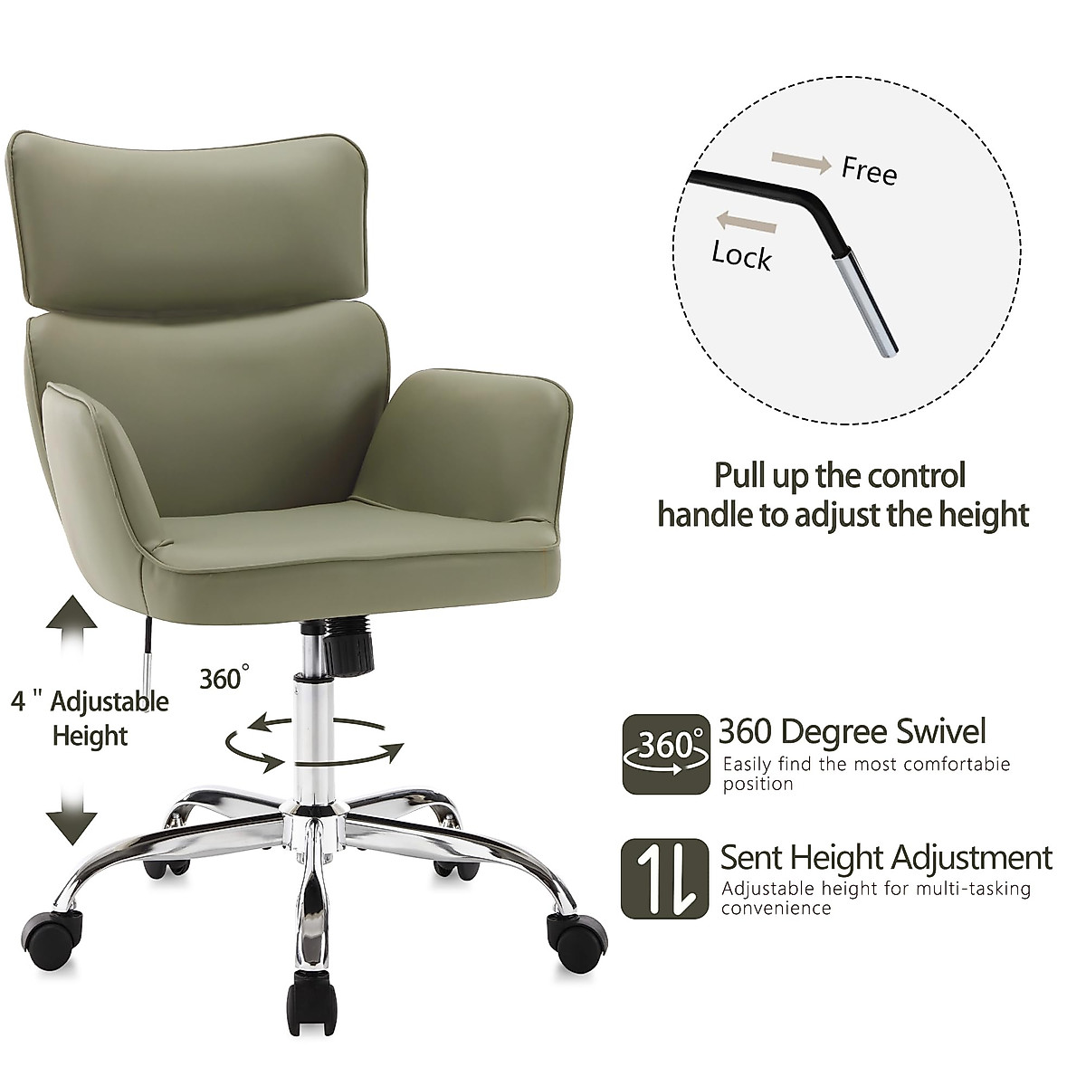 BERYTH Home Office Chair with Wheels, Adjustable Height Swivel Mid-Back Armchair Task Chair, Modern PU Leather Ergonomic Tilt Computer Desk Vanity Chair for Office, Study Room(PU Green)