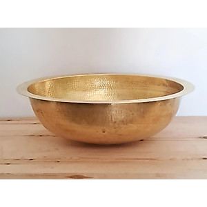 Handmade Vanity Bathroom Brass Sink, Unlacquered Drop in Brass Bathroom Sink, Hand Hammered Undermount Vanity Vessel sink Bowl, Antique Round Copper Sink with 2 Gifts (16" x 13" = 40cm x 33cm)