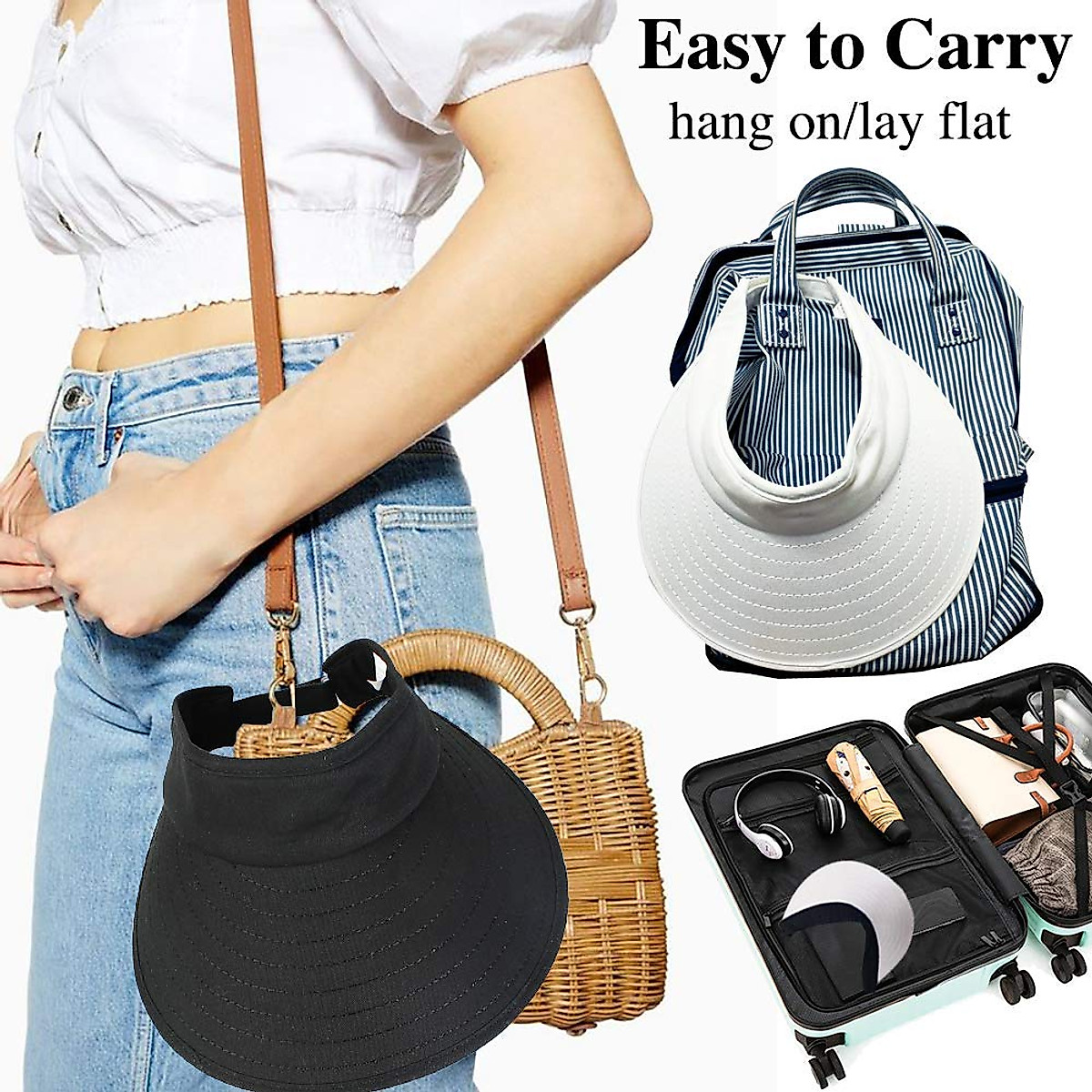 2PCS Wide Brim Sun Visor Hat Women Large UV Protective Golf Beach Cap, Design in Korea