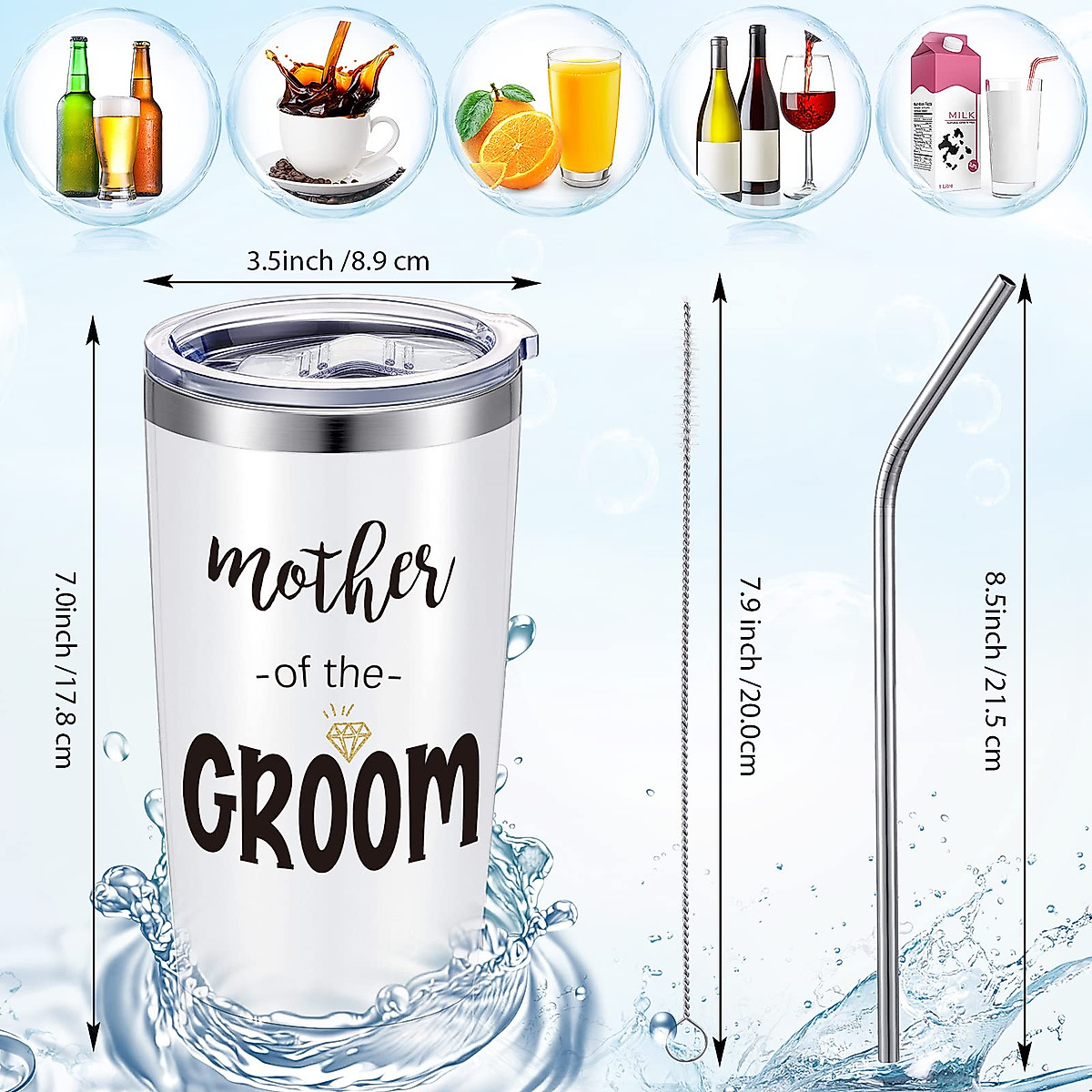 Cunhill 2 Pieces Mother of the Groom Mother of the Bride Mug Tumblers Wedding Gift for Engagement Announcement Party Insulated Tumbler Stainless Steel with Lid Straw Brush (White,Straight Style)