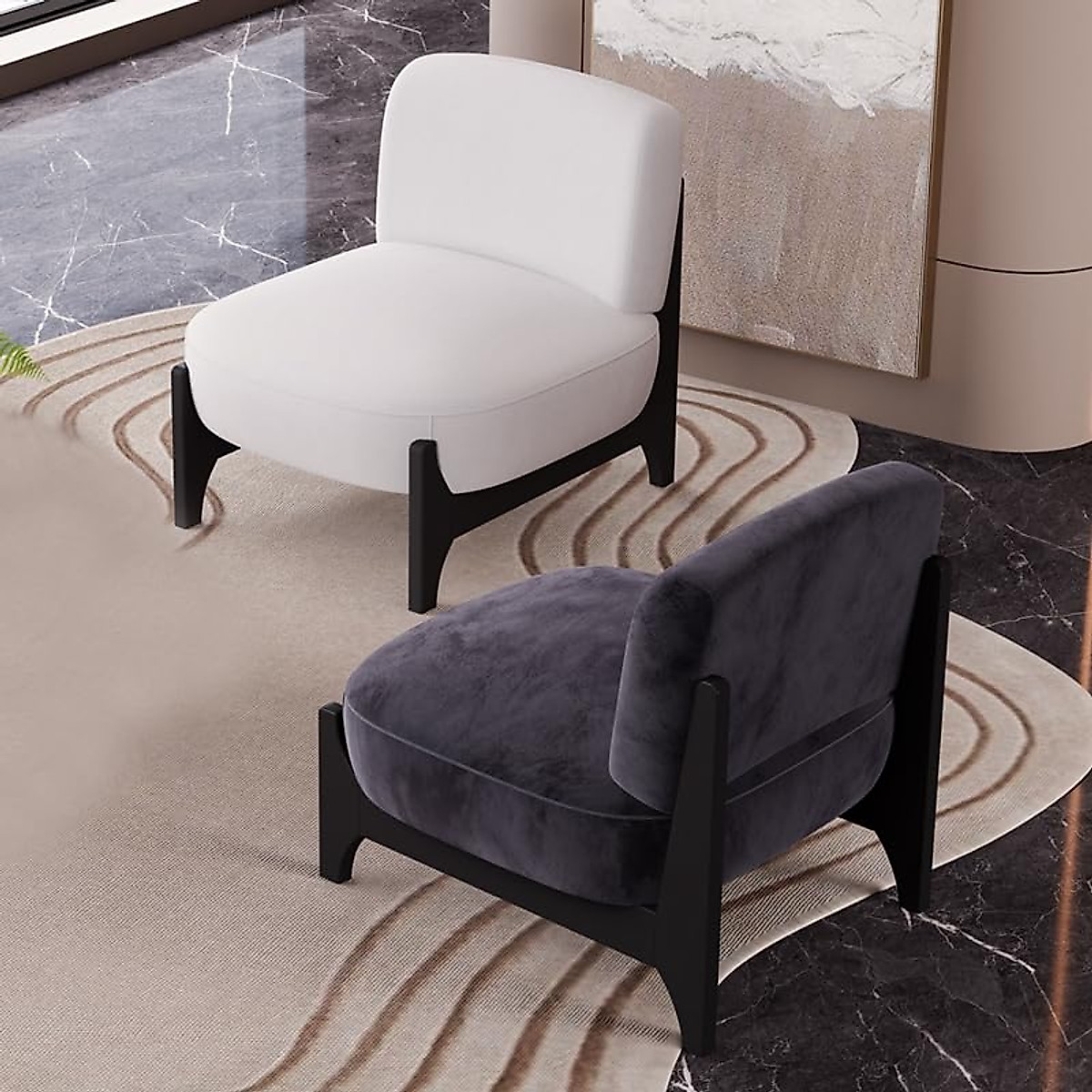 1 Piece Upholstered Velet Fabric Mid Century Modern Accent Chair with Solid Wood Frame, Comfy Armless Chair for Living Room, Bedroom, Reading, Balcony,Black