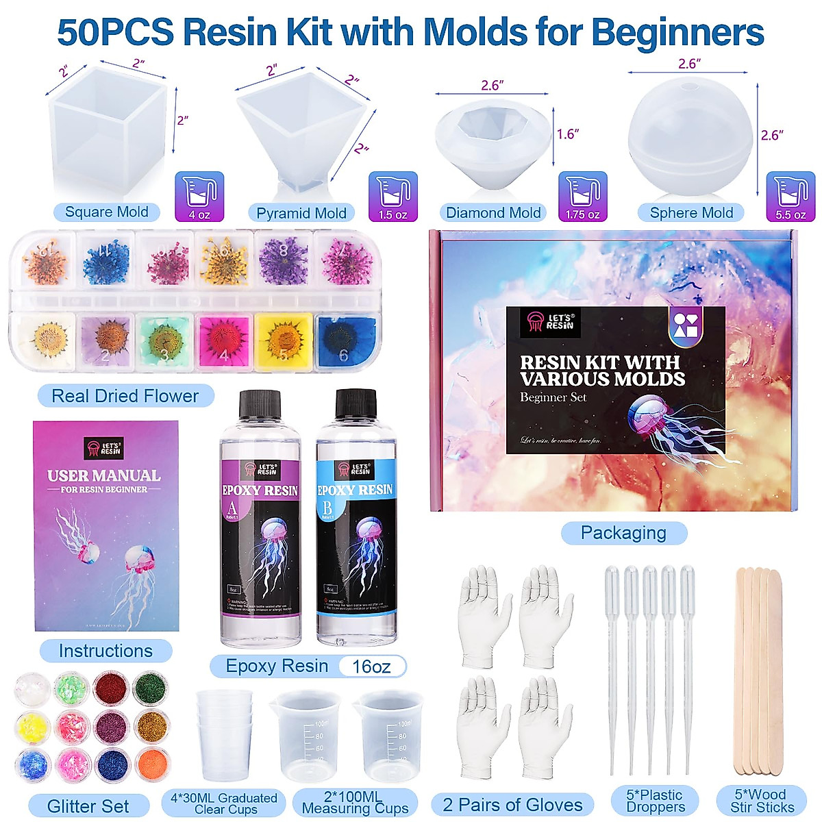 LET’S Resin Resin Kits and Molds Complete Set, 16OZ Resin Molds Silicone Kit Bundle with Sphere, Pyramid Molds, Resin Epoxy Starter Kit for Beginner Resin Casting