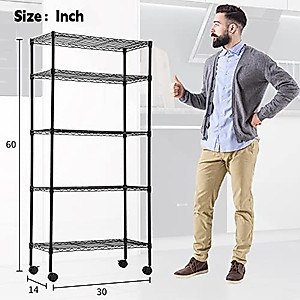 BLKMTY 5 Tier Wire Shelving Unit Height Adjustable Storage Shelves Compact Metal Shelves with Wheels for Pantry Garage Organizer Kitchen NSF Metal Storage Rack 30"x14"x60", Black