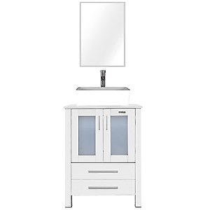 eclife 24" Bathroom Vanity Sink Combo White Stand Cabinet Rectangle White Ceramic Vessel Sink & Chrome Water Save Faucet & Solid Brass Pop Up Drain with Mirror (T03 B02W)