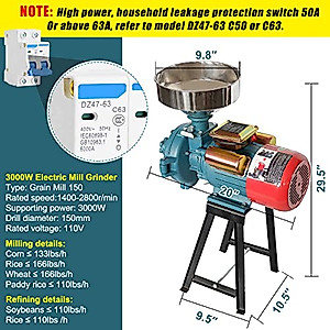 Electric Grain Grinder Mill, 3000W 110V Corn Grinder Mill Electric, Dry Cereals Rice Coffee Wheat Corn Mills with Funnel, Grain grinder mill powder machine