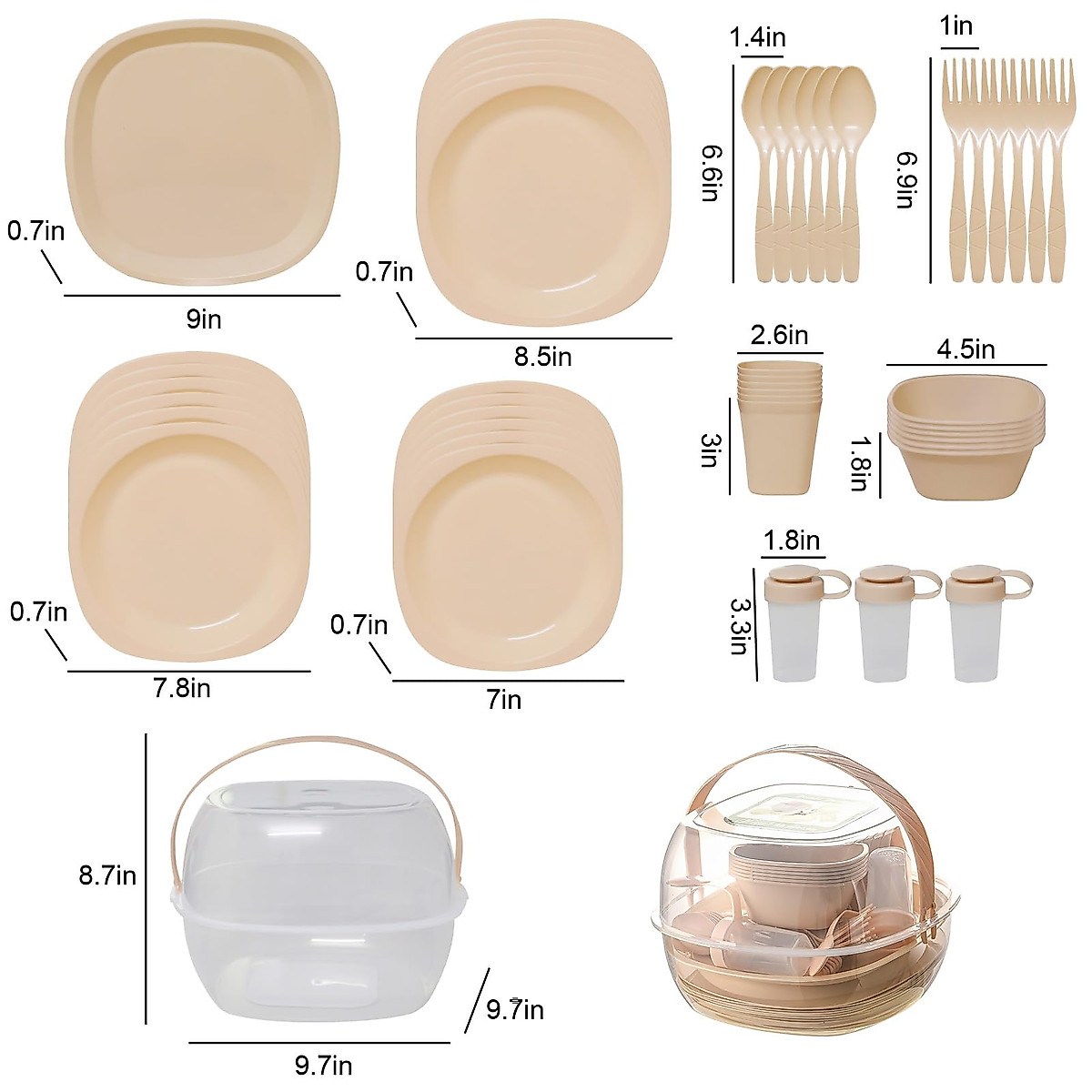 amokk 47 Pcs Plastic Cultery Sets for 6, Reusable Plates and Bowls Sets Portable Dinnerware Set for Pixcnic, Camping, Travel, Outdoor, Home Party