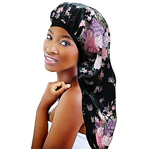2Pcs Long Satin Bonnet Sleep Cap,Extra Large Braids Bonnets for Sleeping,Long Hair,Soft&Comfortable Elastic Band Bonnets for Women Night Sleep,Hair Bonnets for Women Satin (Black+Pink Pattern)