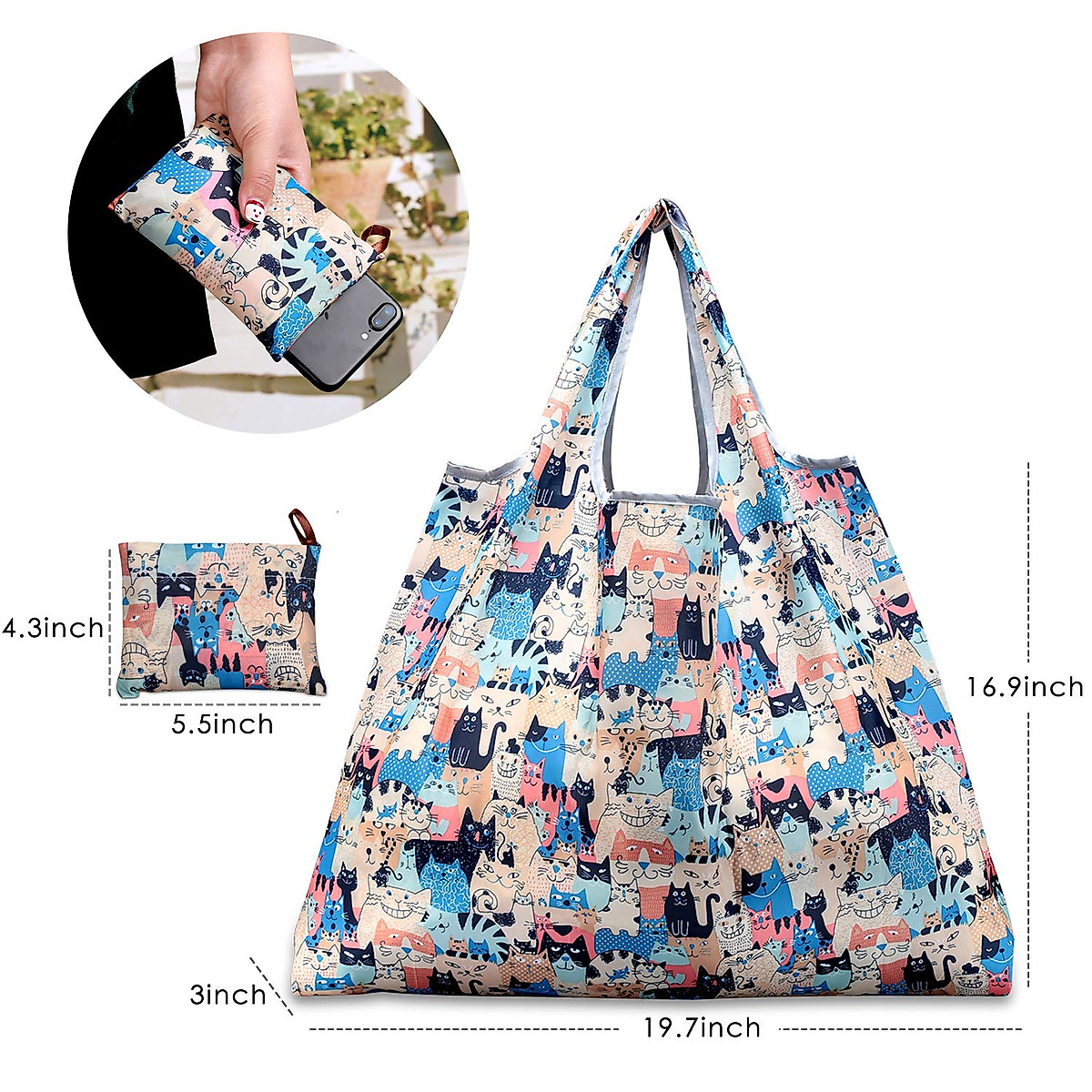 KINGMAS 5 Pack Reusable Grocery Bags, Eco-Friendly Folding Tote Shopping Bag fits in Pocket, Washable Waterproof Nylon holds Heavy Groceries Pouch Bags