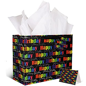 POPGIFTU 16.5" Birthday Extra Large Gift Bag, Black Birthday Gift Bag with Colorful Happy Birthday Printed, Birthday Party Bag with Tissue Paper, Tag, Greeting Card for Birthday, 1 Pack