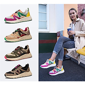 LUCKY STEP Women‘s Fashion Cusual Sneakers Platform Classic Leopard Walking Tennis Travel Shoes Chunky Colorful Lifestyle Sneakers(Fuchsia/Green,8.5B(M) US)