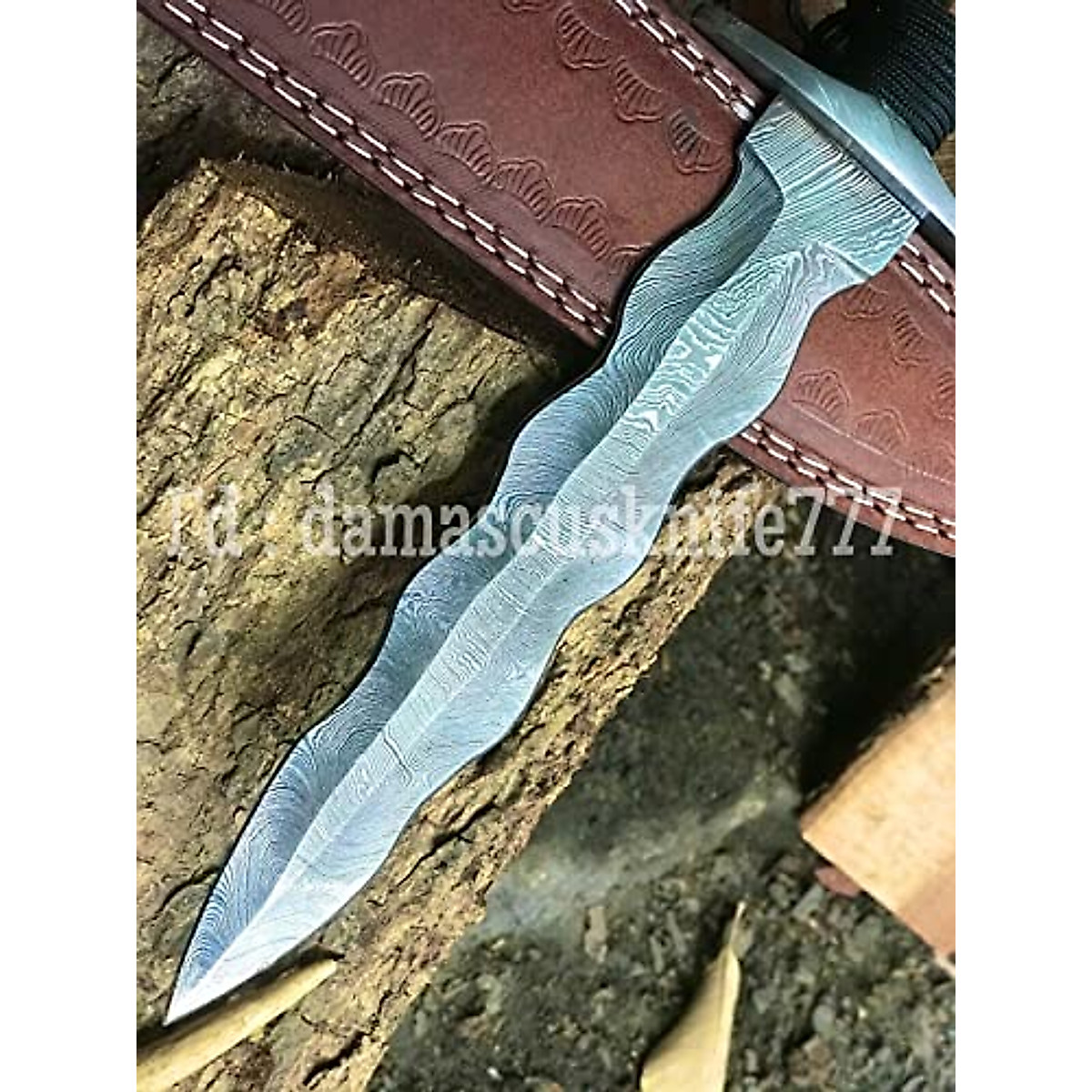 NoonKnives: custom Hand Made Damascus forge wavy style Steel Collectible wavy dagger Knife Handle deer stag horn crown with damascus Inserts (stag)