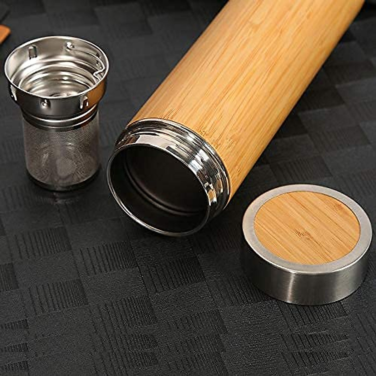 Stenof Bamboo Tea Tumbler with a long tea strainer and a spoon steel insulation 12 hours warmth| 450 ml leak proof tea, coffee and travel water flask| Eco-friendly travel bottle