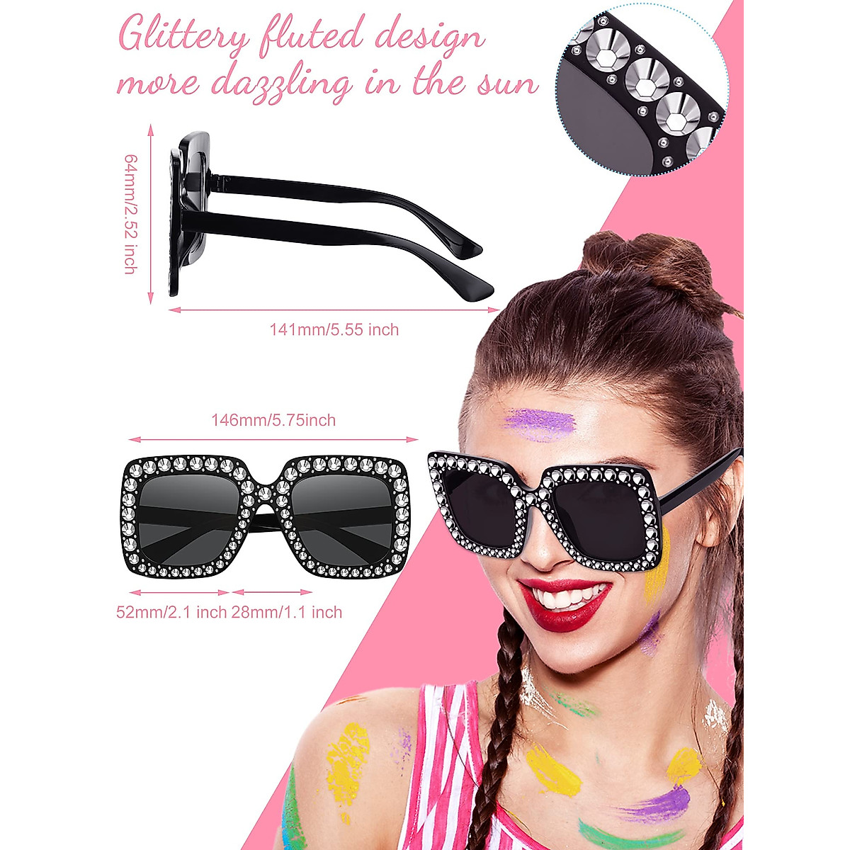 12 Pairs Crystal Oversized Sunglasses Rhinestone Square Diamond Sunglasses Frame Retro Sparkling Glasses for Women Men(Black)