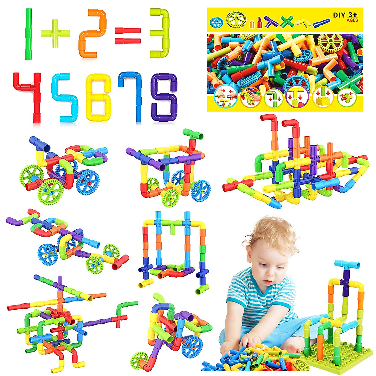 STEM Toy Pipe Tube Building Set for Kids, 175 Pcs Tube Locks Construction Building Blocks Set with Storage Container Box, Pipe Building Toys for Boys Girls Age 3+, Multicolor Educational Toy Gift