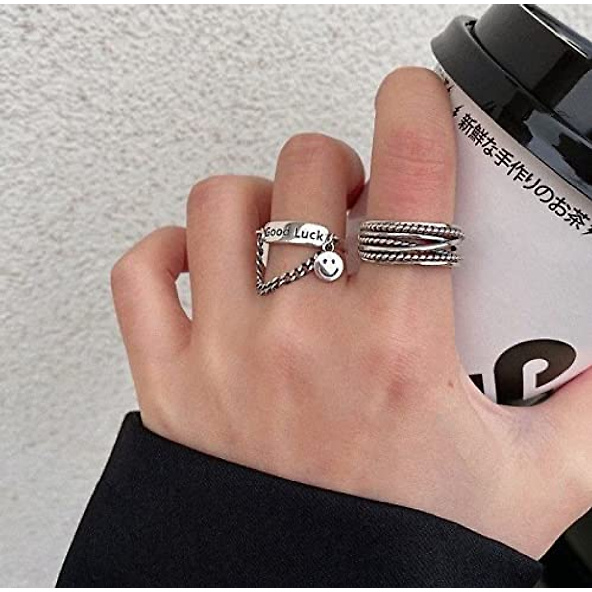 CJIAYUJEW 16PCS Chain Rings Gothic Punk Chain Finger Ring Set for Women Men,Vintage Silver Emo Rings Cross Butterfly Knuckle Ring