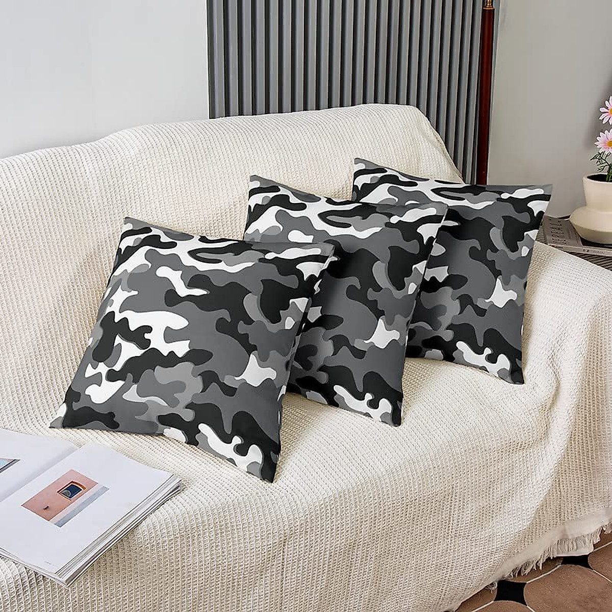 Pack of 2 Camo Grey Black White Decorative Throw Pillow Covers, Soft Camouflage Square Cushion Case Set for Couch Sofa Bedroom Living Room, Military Style Pillow Cases Pillowcases, 18x18 Inches