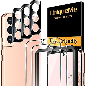 UniqueMe [2+3 pack] Compatible with Samsung Galaxy S22 Plus/S22+Plus 5G Screen Protector Tempered Glass and Camera Lens Protector with Installation Frame, [9H Hardness] [ Support Fingerprint Unclock]