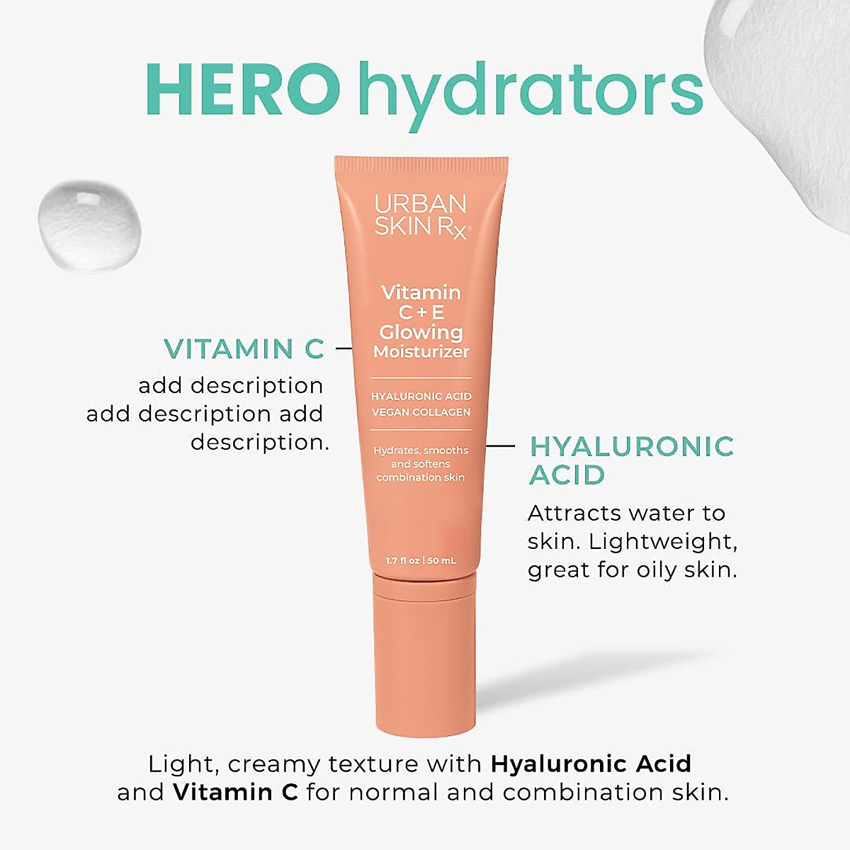 Urban Skin Rx Radiant & Bright Glowing Moisturizer, Lightweight Antioxidant-Rich Daily Skin Moisturizer | Hydrates and Brightens, with Collagen, Hyaluronic Acid, and Vitamins C & E, 1.7 oz